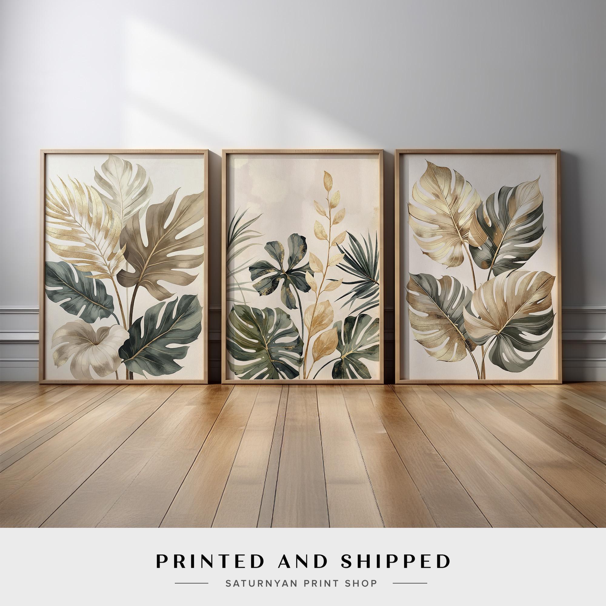 Set of 3 Botanical Leaf Wall Art Canvas Prints | Elegant Monstera, Palm ...