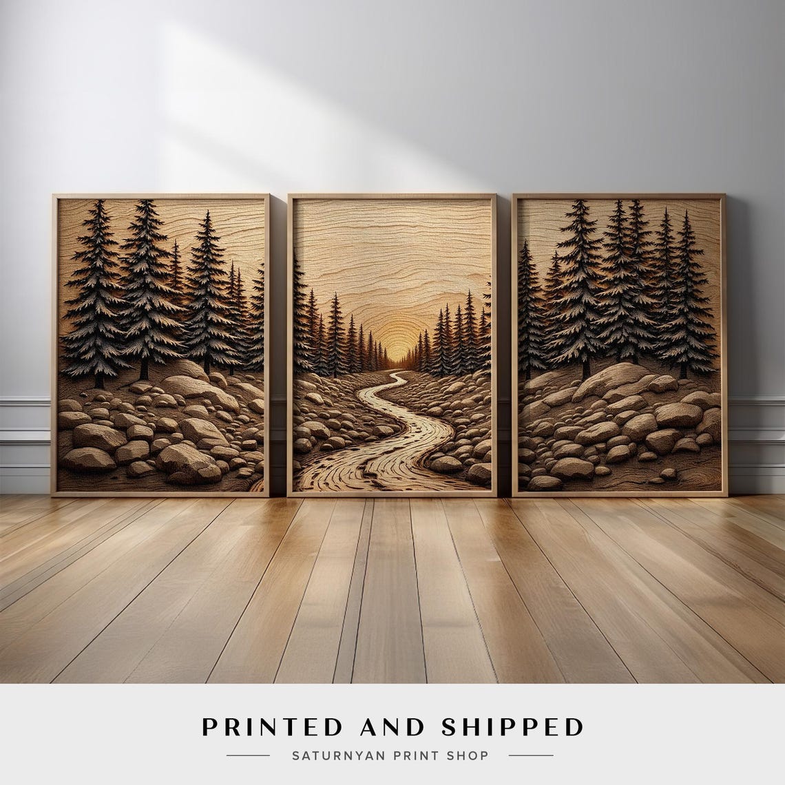 Rustic Pine Forest Triptych | Wood Mountain Landscape With River Path ...