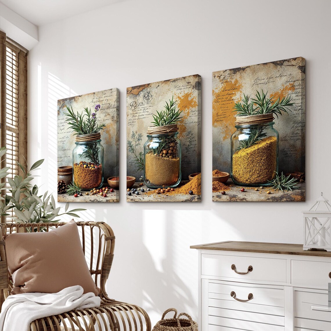 Rustic Kitchen Wall Art Set of 3 | Spice Jars & Herbs Prints ...