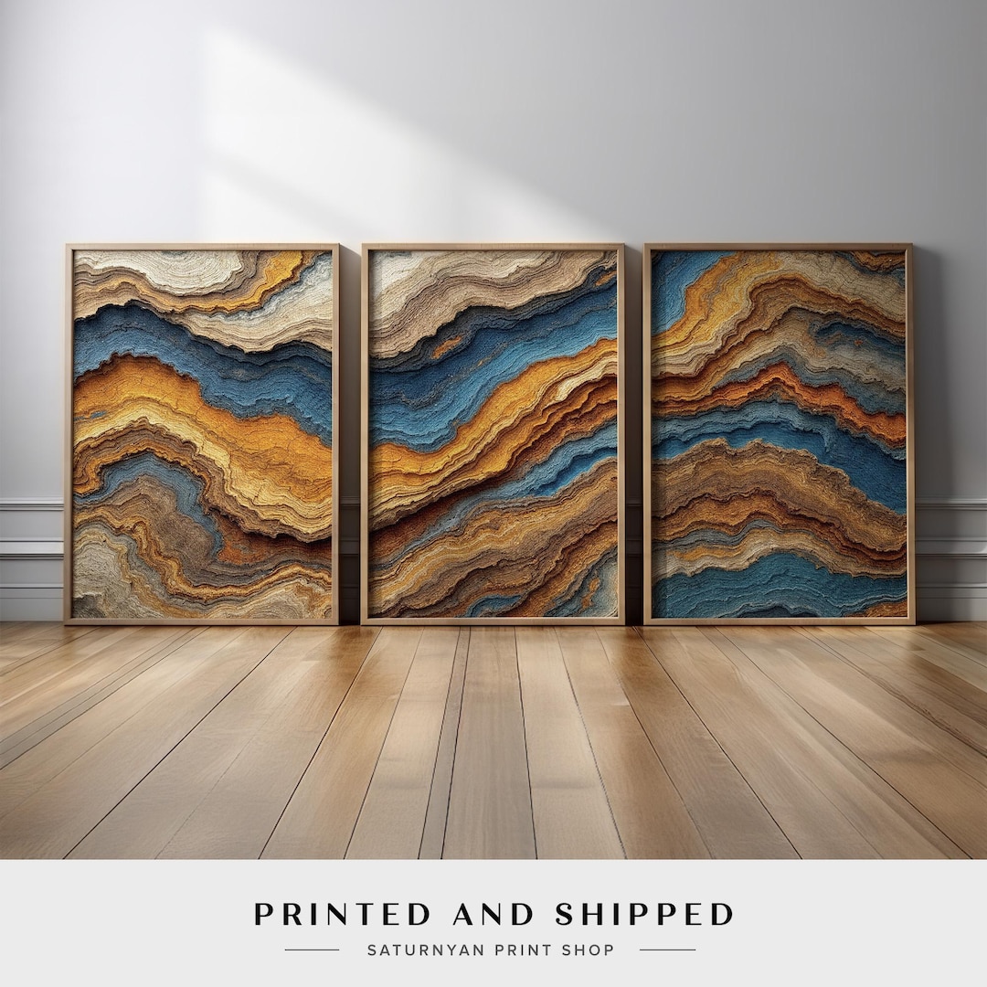 Geological Inspired Abstract Wall Art Set of 3 | Gold, Blue, and Earth ...