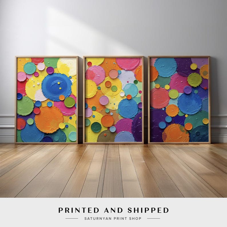 Colorful Abstract Circles Wall Art Set of 3 | Vibrant Rainbow Painting ...