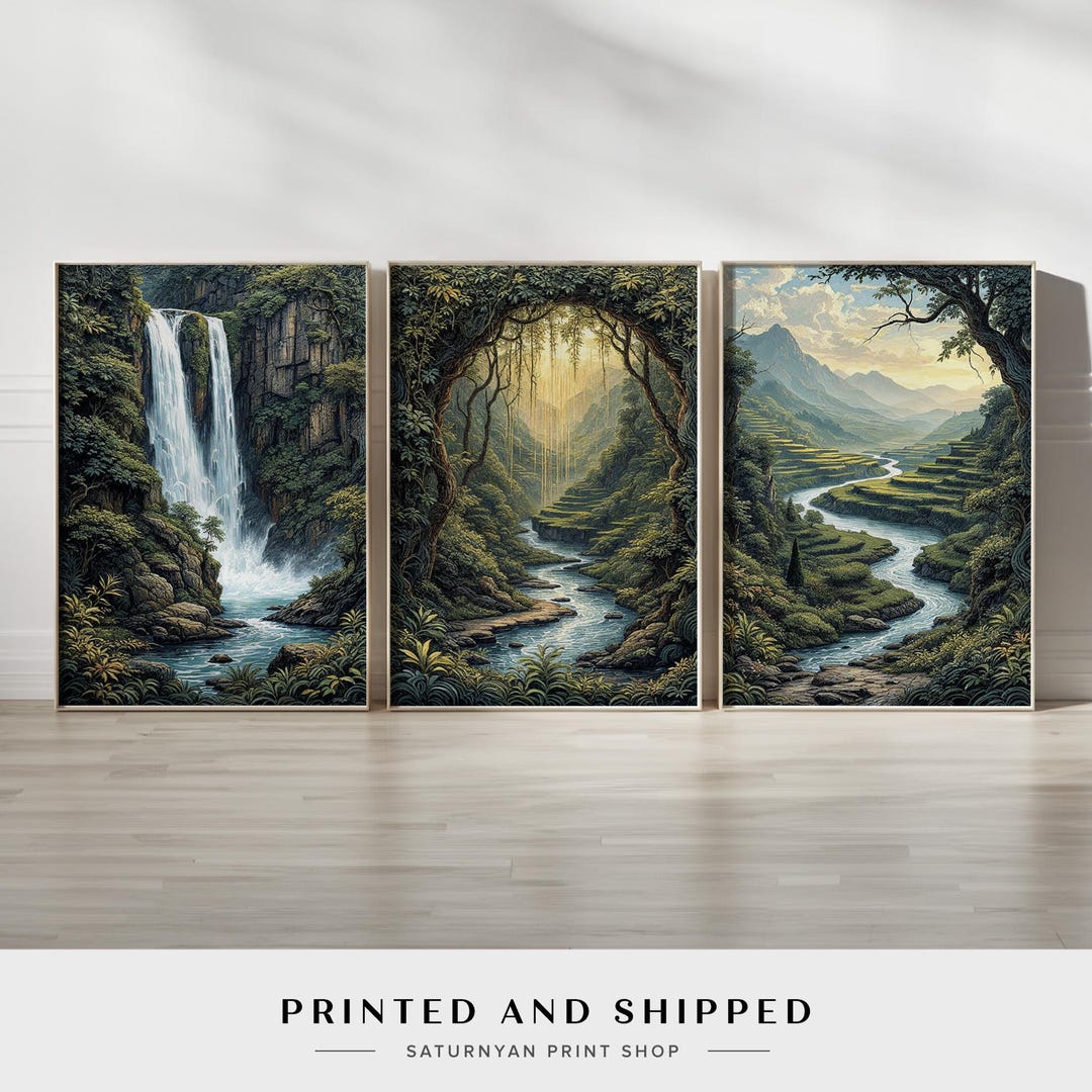 3-piece Waterfall Wall Art - Forest River Landscape Prints Set for ...