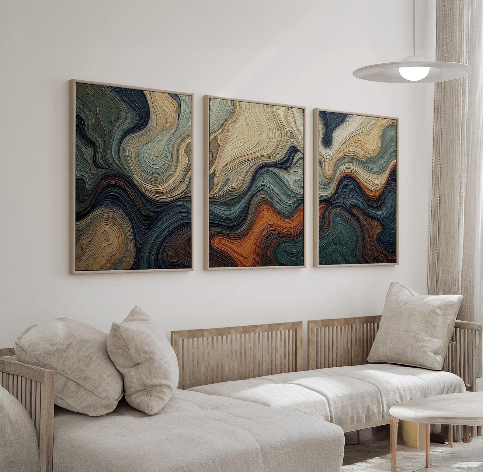 Topographic Swirl Abstract Wall Art Set of 3 | Green Beige Rust Canvas ...