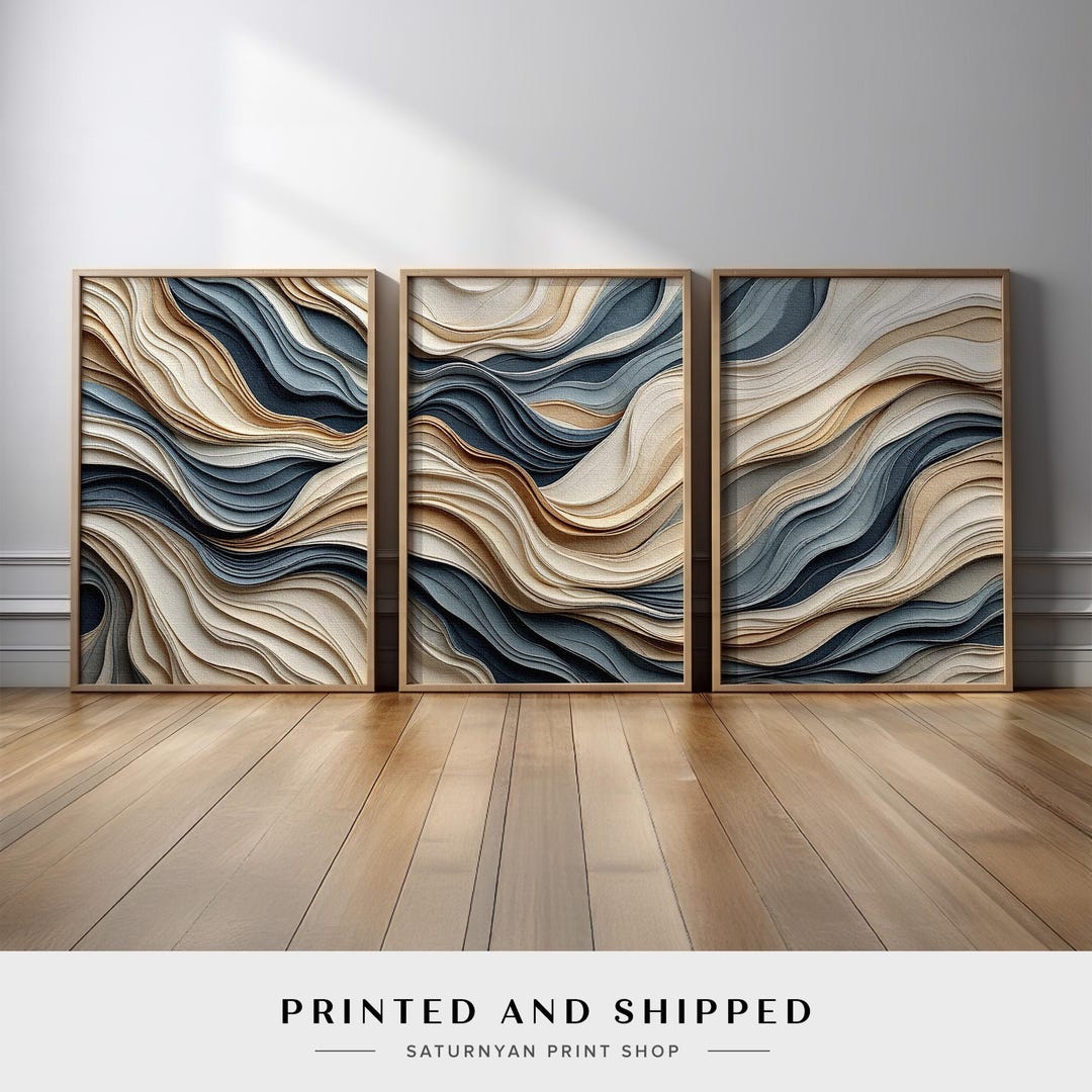 Coastal Abstract Wave Wall Art Set of 3 | Navy and Beige Modern ...