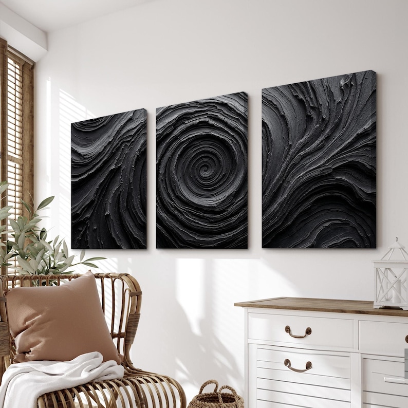 Abstract Monochrome Triptych Wall Art | Black Swirl Canvas Prints With ...