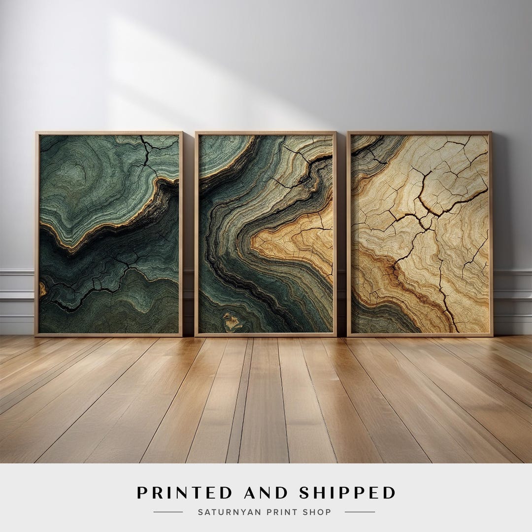 Layered Rock Formation Wall Art Set of 3 | Cracked Earth in Green ...