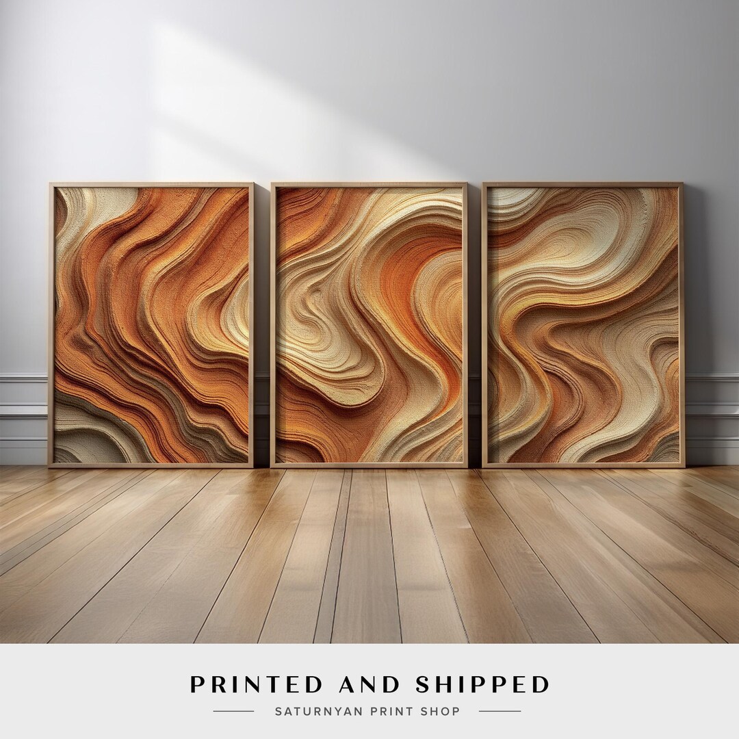 Terracotta Earth Tones Abstract Wall Art Triptych | Wave Pattern Canvas ...