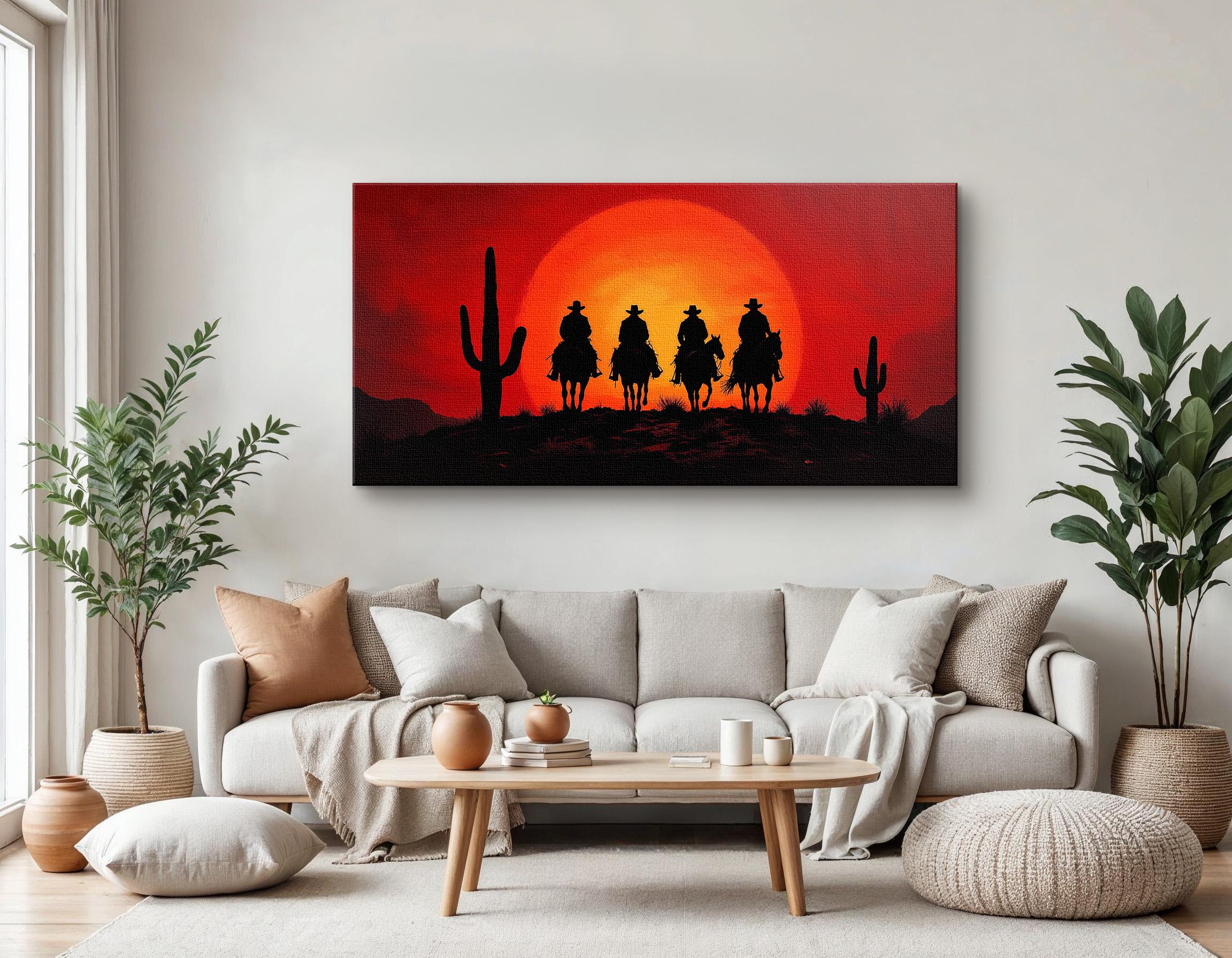 Western Cowboy Sunset Wall Art - Silhouette of Four Horse Riders ...
