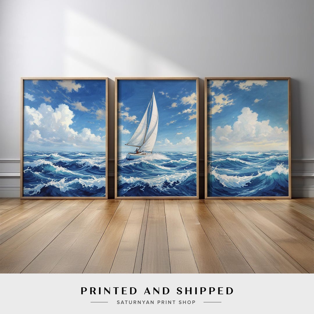 3-piece Sailing Boat Wall Art | Ocean Waves Decor | Coastal Nautical ...