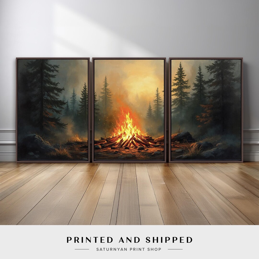 Forest Campfire Wall Art Set of 3 | Moody Wilderness Triptych With ...