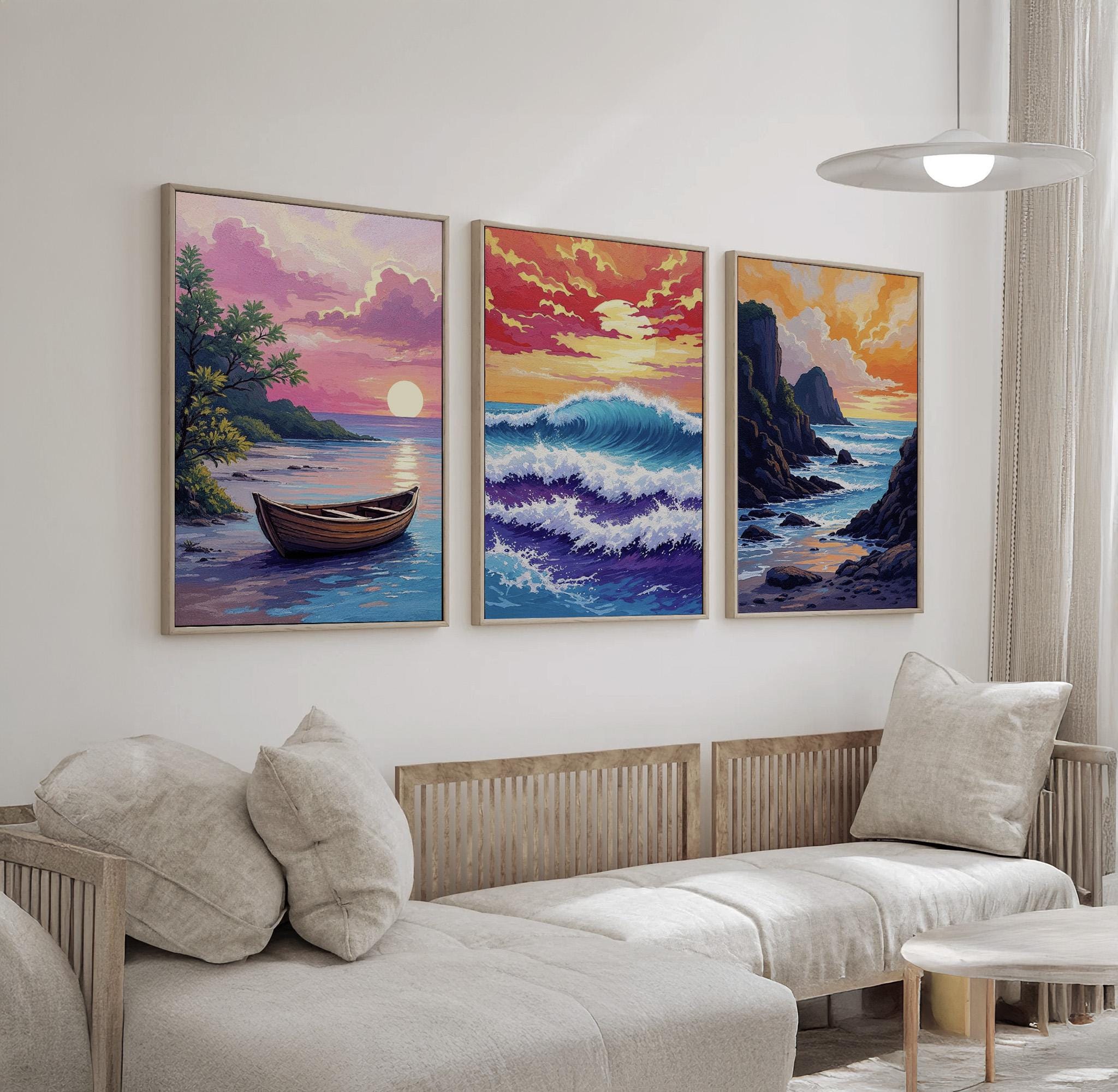 Sunset Ocean Canvas Triptych | Crashing Waves, Tranquil Boat, and ...