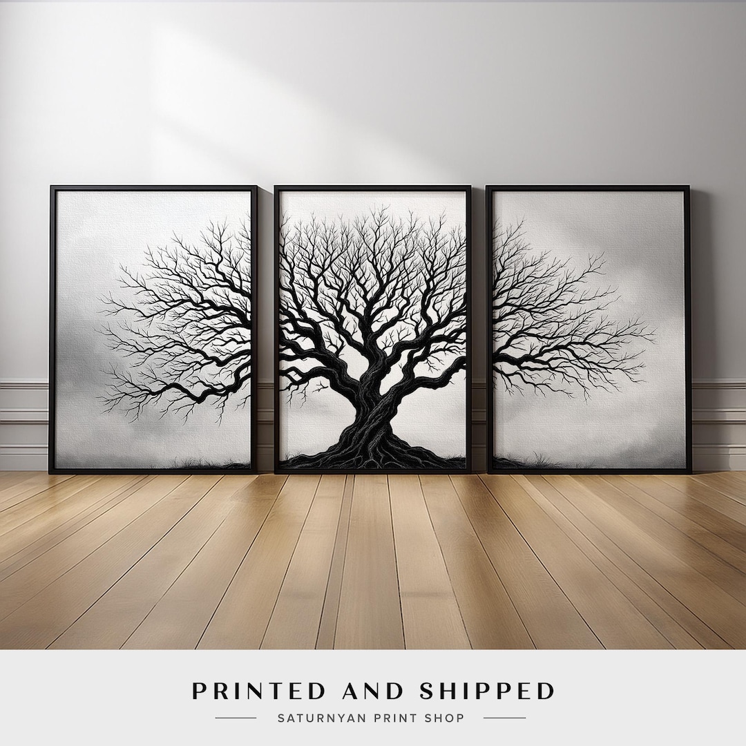 Monochrome Tree Wall Art Set of 3 | Minimalist Black and White Triptych ...