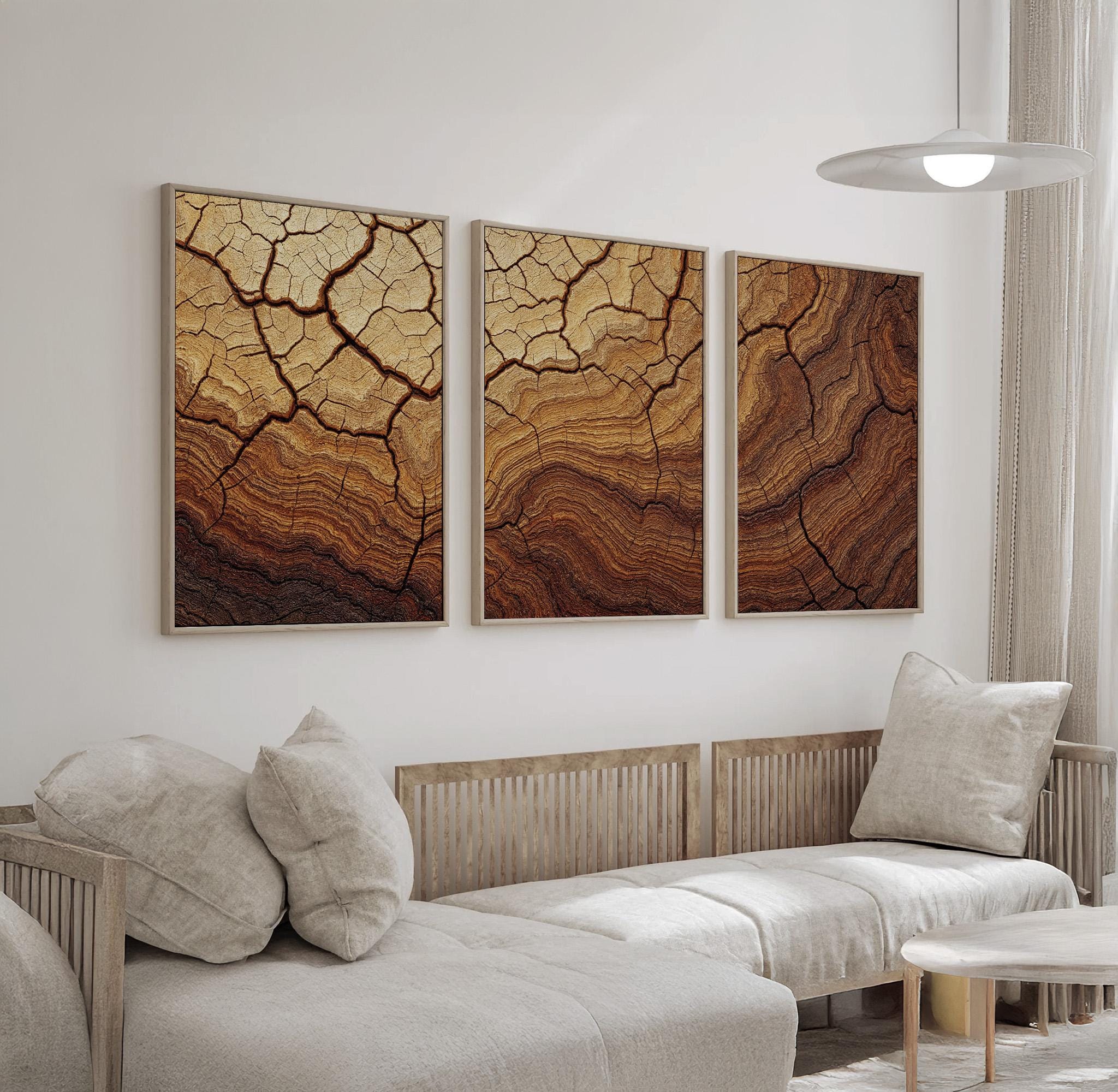 Cracked Earth Wall Art Set of 3 | Rustic Abstract Canvas Prints in Warm ...