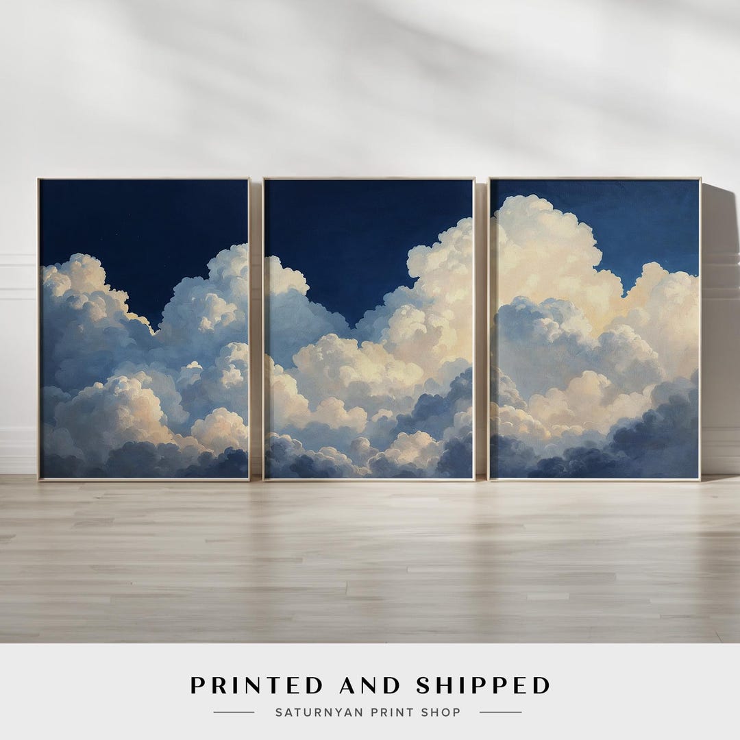 Dreamy Sky Wall Art Triptych | Fluffy Clouds and Deep Blue Sky Canvas ...
