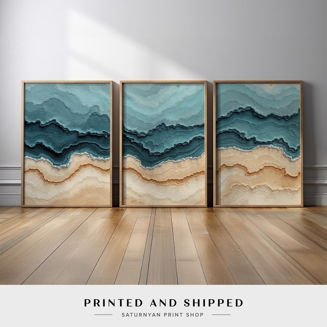 Coastal Ocean Abstract Wall Art Set of 3 | Seaside Wave Canvas Prints ...