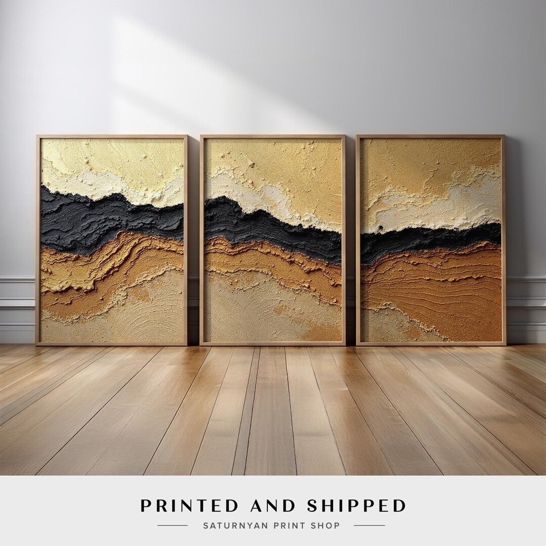 Neutral Abstract Wall Art Triptych | Gold and Ochre Geological Patterns ...