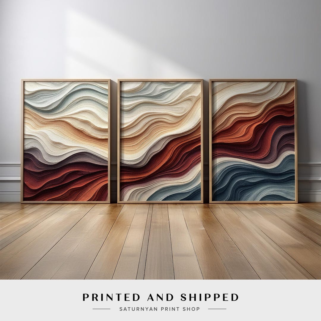 Abstract Wave Wall Art Triptych | Earth Tone Canvas Prints in Rust Red ...