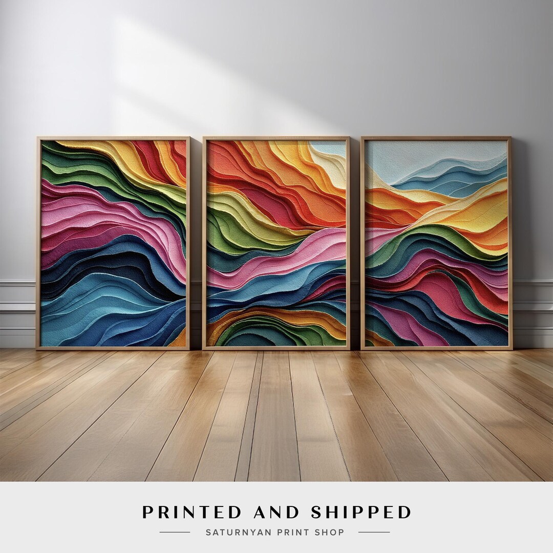 Colorful Abstract Landscape Triptych Wall Art | Vibrant Flowing Wave ...