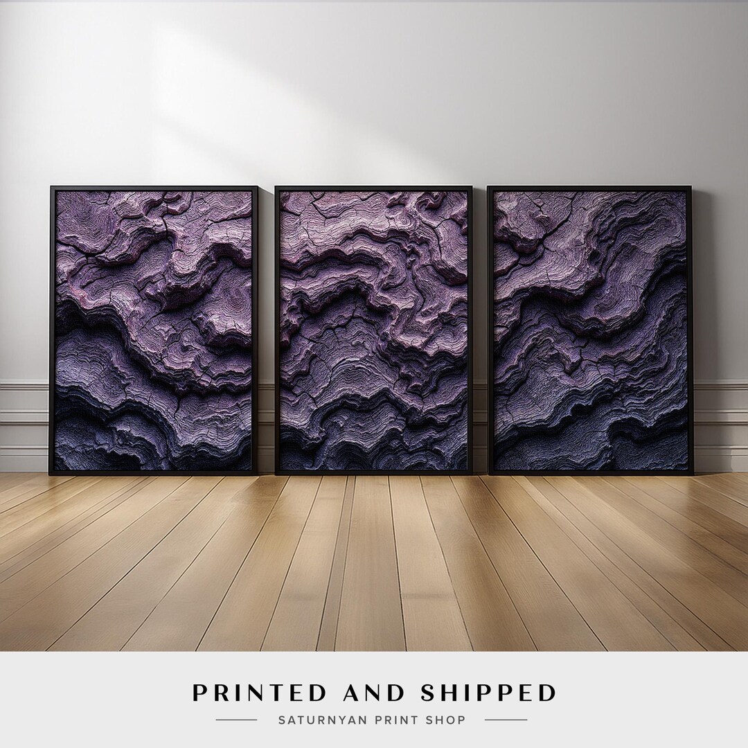 Purple Geological Abstract Triptych Wall Art | Layered Strata Set of 3 ...
