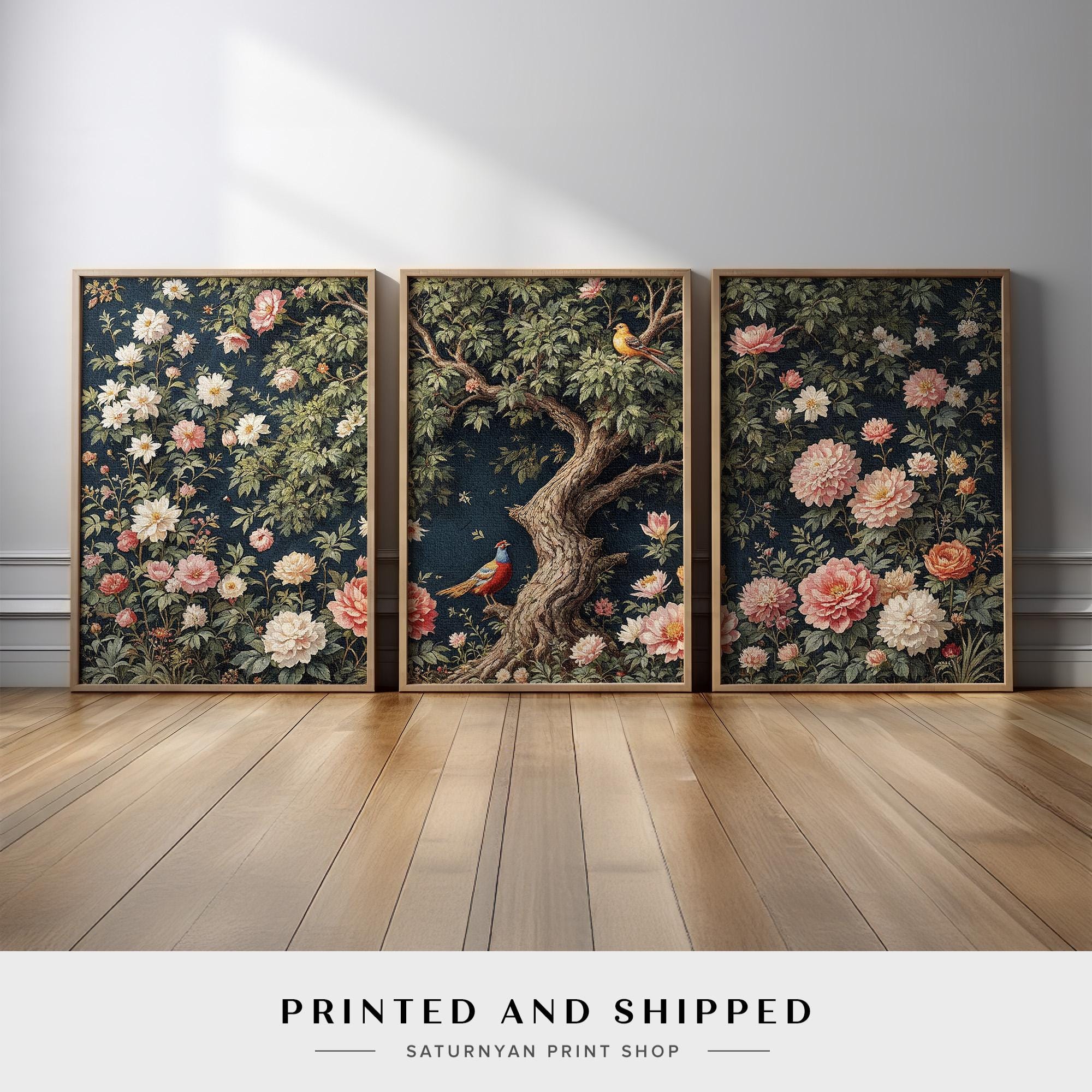 Elegant Vintage Tree and Floral Triptych With Colorful Birds | Dark ...