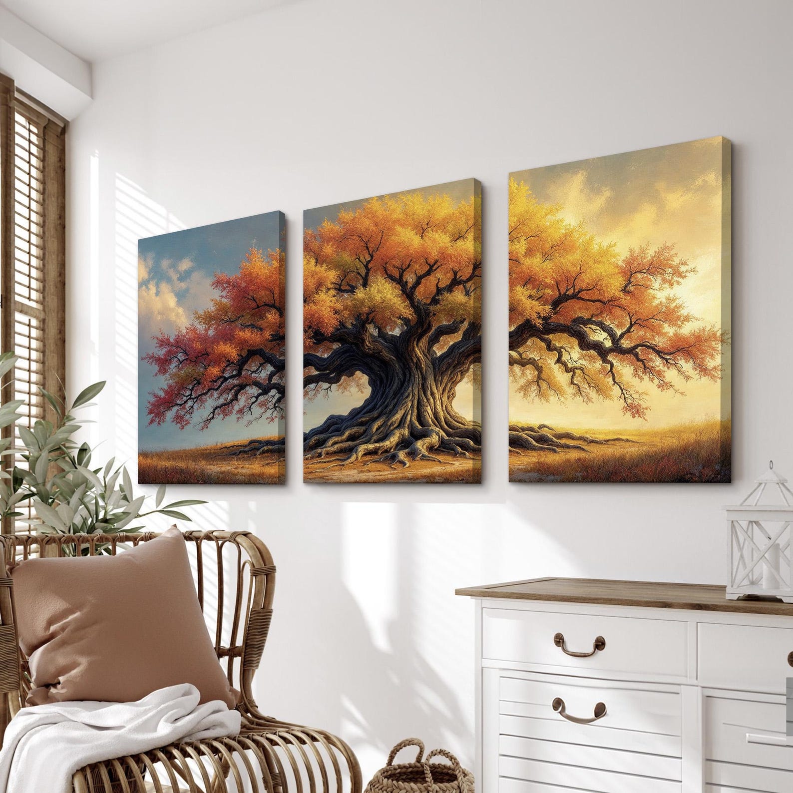 Rustic Autumn Tree Wall Art Triptych | Golden and Orange Foliage Canvas ...