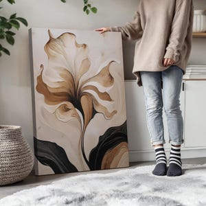 Elegant Black Beige Abstract Flower Art Set - Modern Minimalist ...