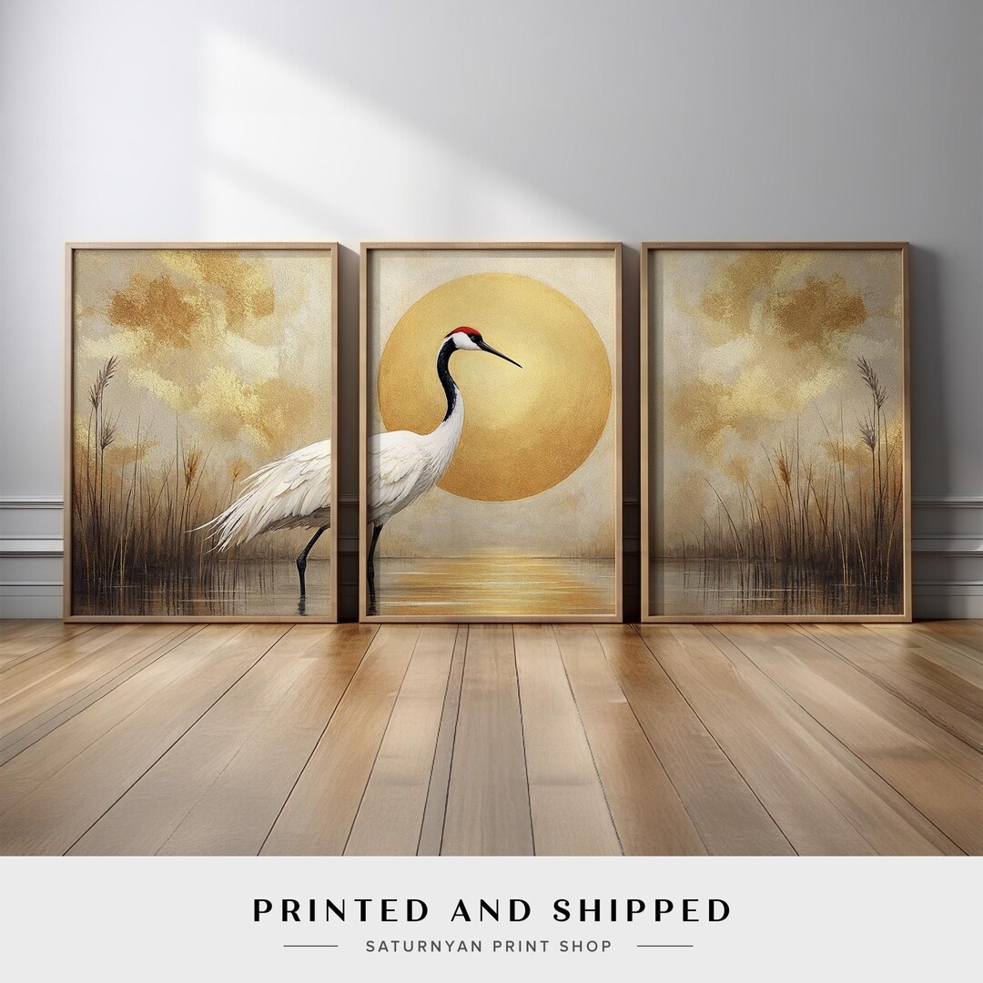 Crane and Golden Sun Triptych Wall Art | Elegant Nature-inspired Canvas ...