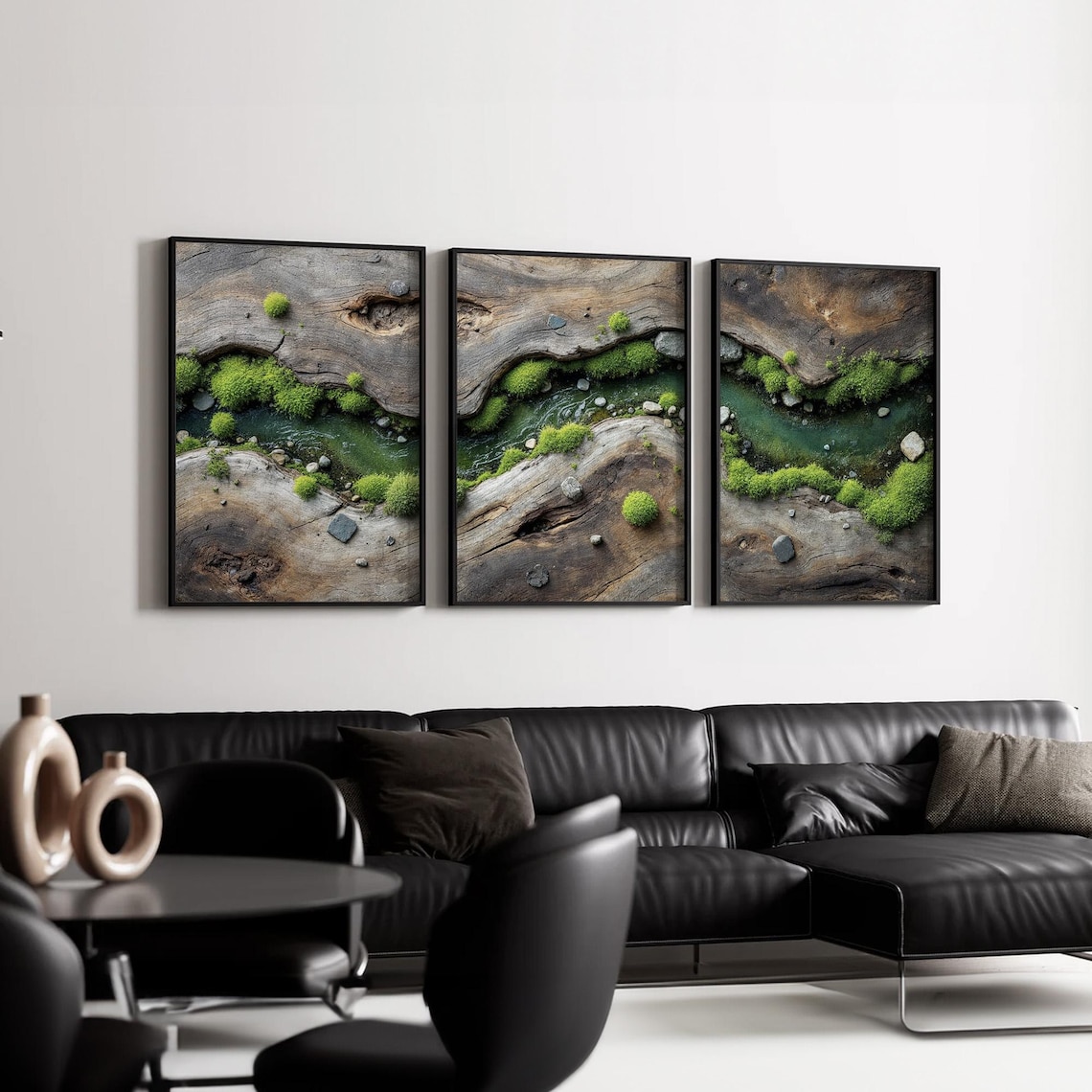 Organic Abstract Wall Art Triptych | Flowing Green Stream and Driftwood ...
