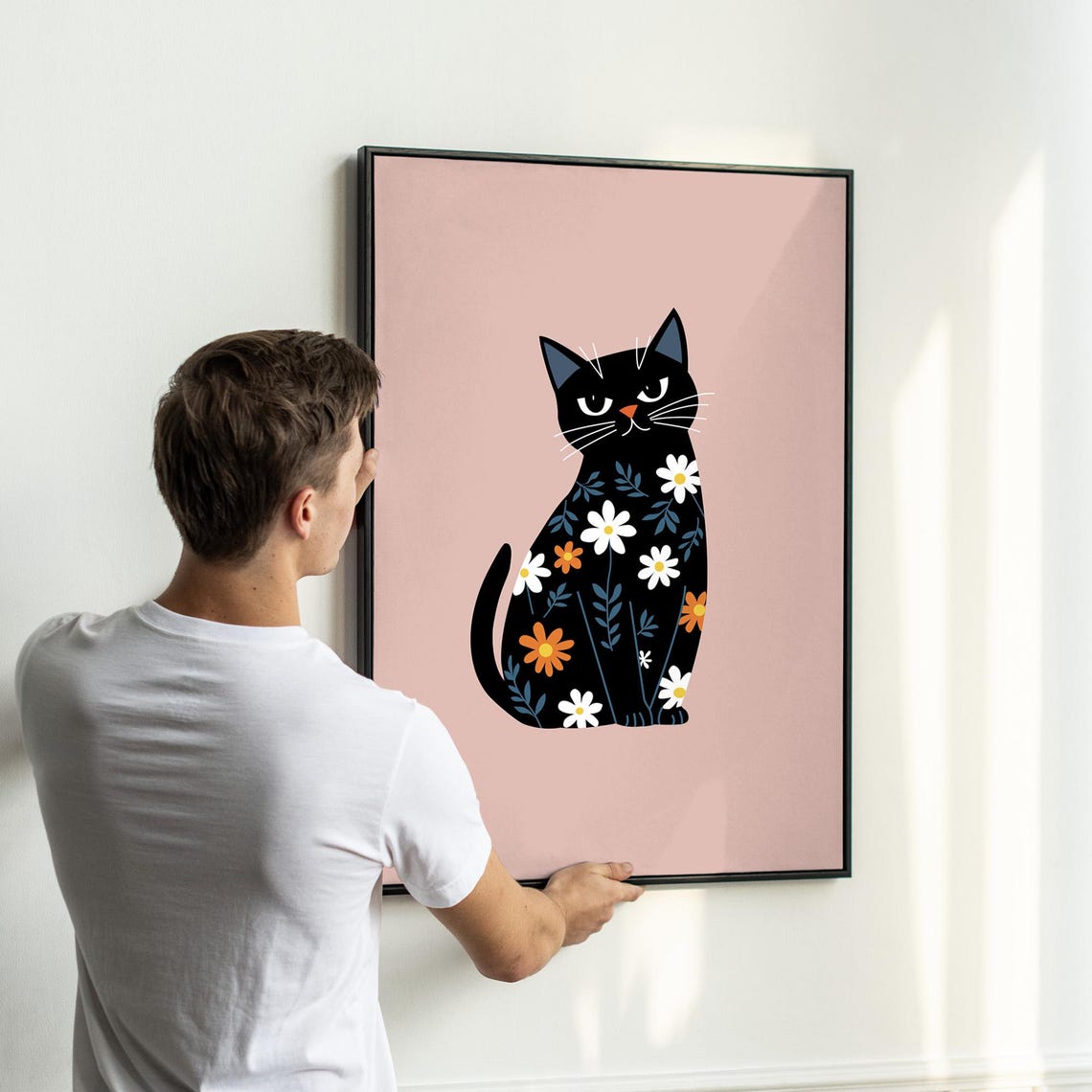 Boho Floral Cat Art Prints, Cute Cat Triptych, Playful Feline Wall Art ...