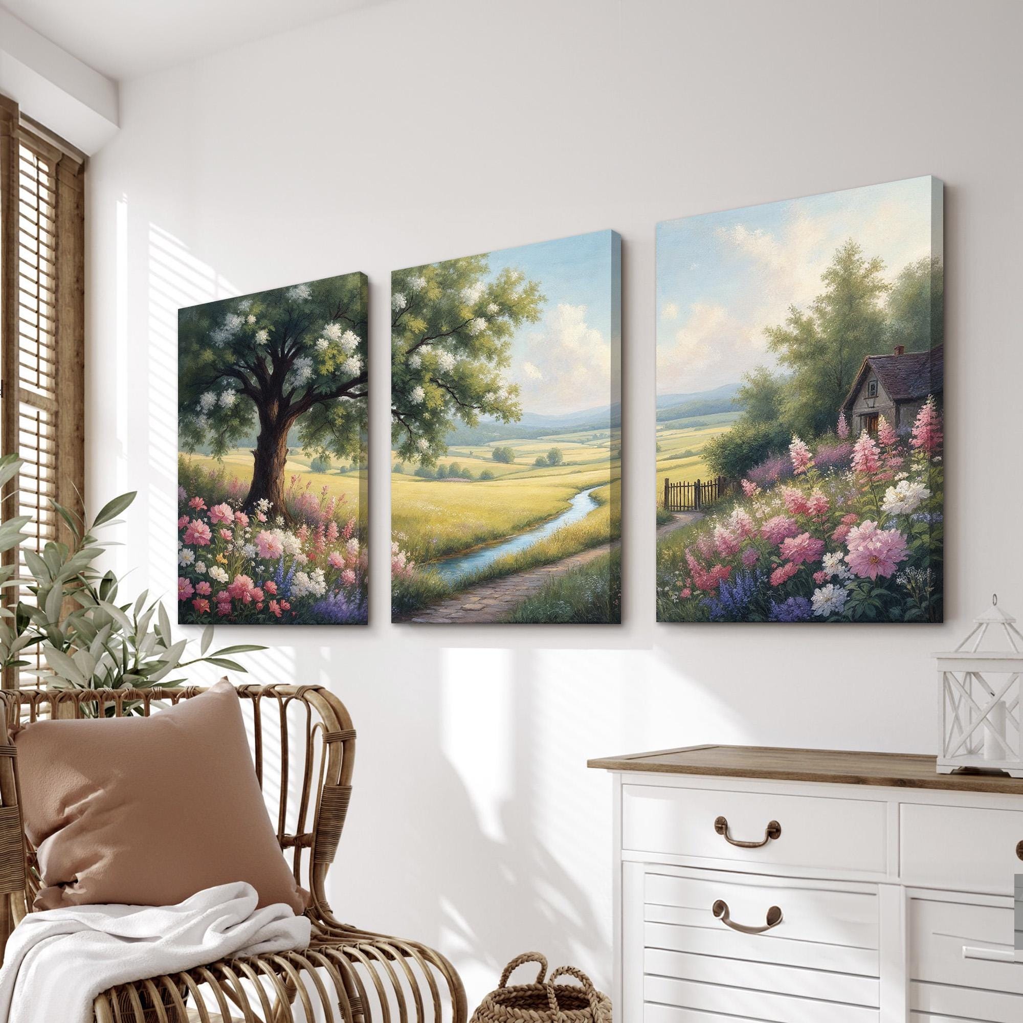 Cottagecore Landscape Wall Art Triptych Set of 3 | Tree, Stream ...