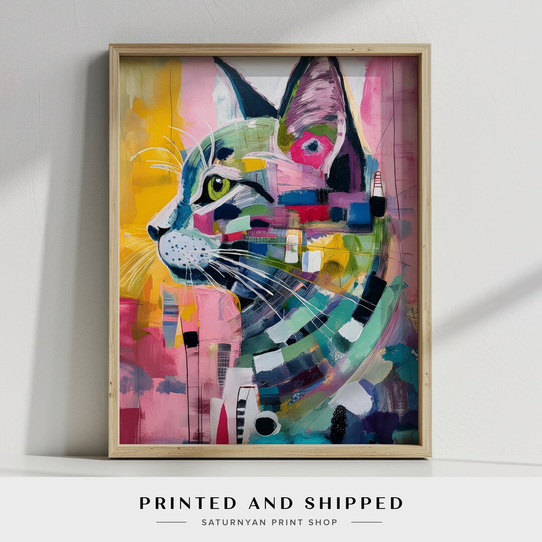 Colorful Cat Art, Abstract Cat Painting, Modern Feline Art, Cat Lover ...