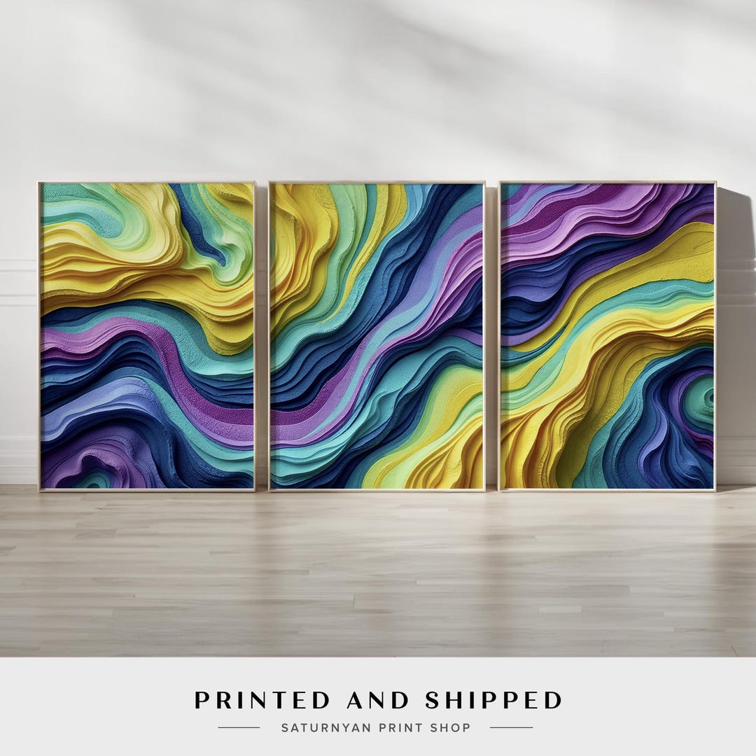 Abstract Wave Wall Art | Colorful Layered Patterns in Yellow, Blue, Purple, and Green Hues ...