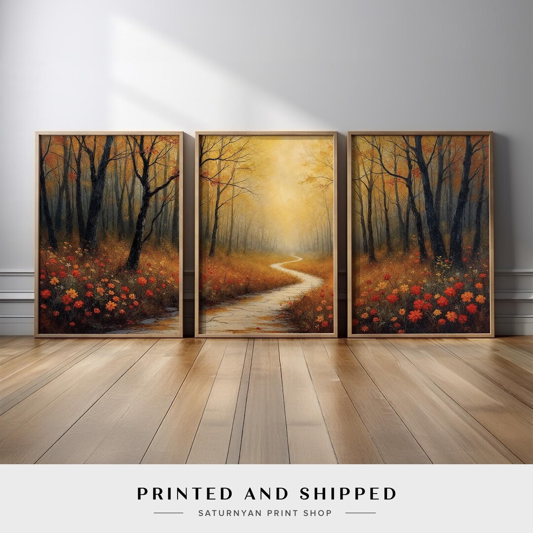 Autumn Forest Path Wall Art Set of 3 | Fall Landscape Canvas Prints ...