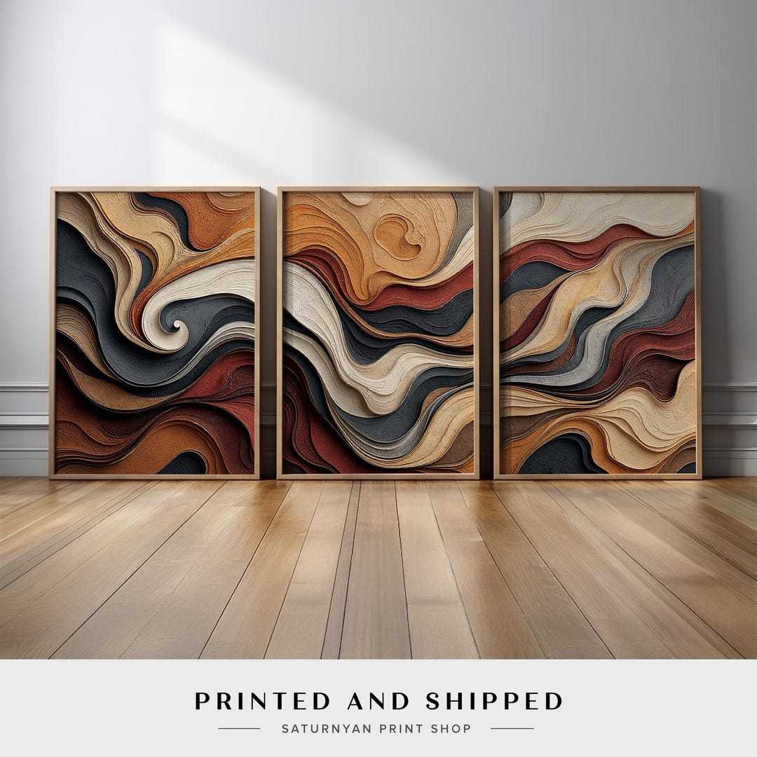 Modern Abstract Triptych Wall Art Set of 3 | Earth Tone Swirl Canvas ...