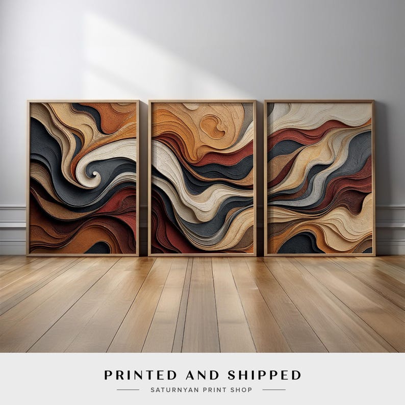 Modern Abstract Triptych Wall Art Set of 3 | Earth Tone Swirl Canvas ...