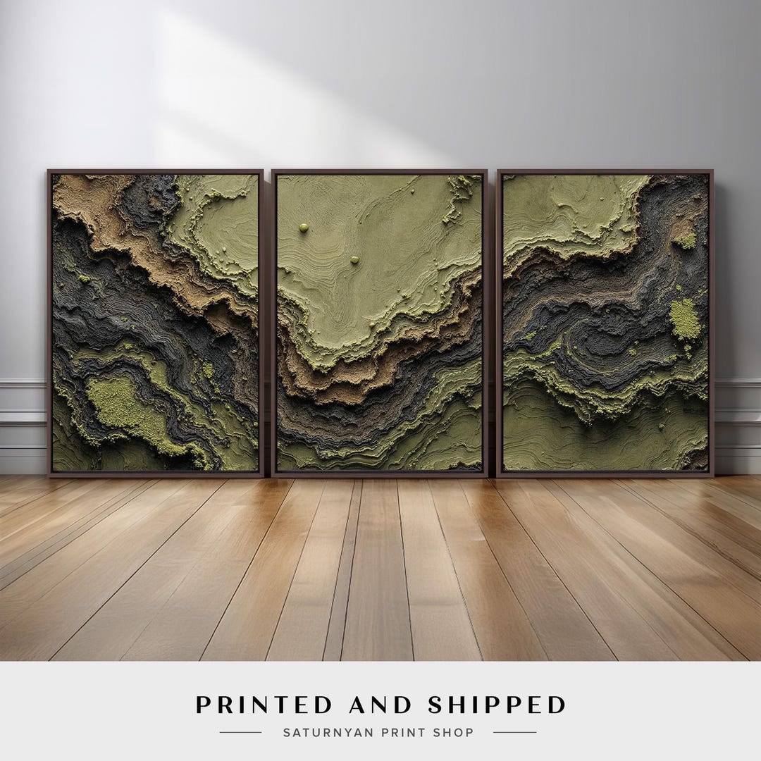 Olive Green Geological Wall Art Set of 3 | Layered Earth Abstract ...