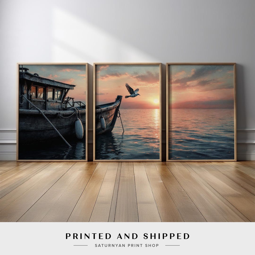Vintage Seaside Boat Wall Art | Set of 3 Sunset Glow With a Flying ...