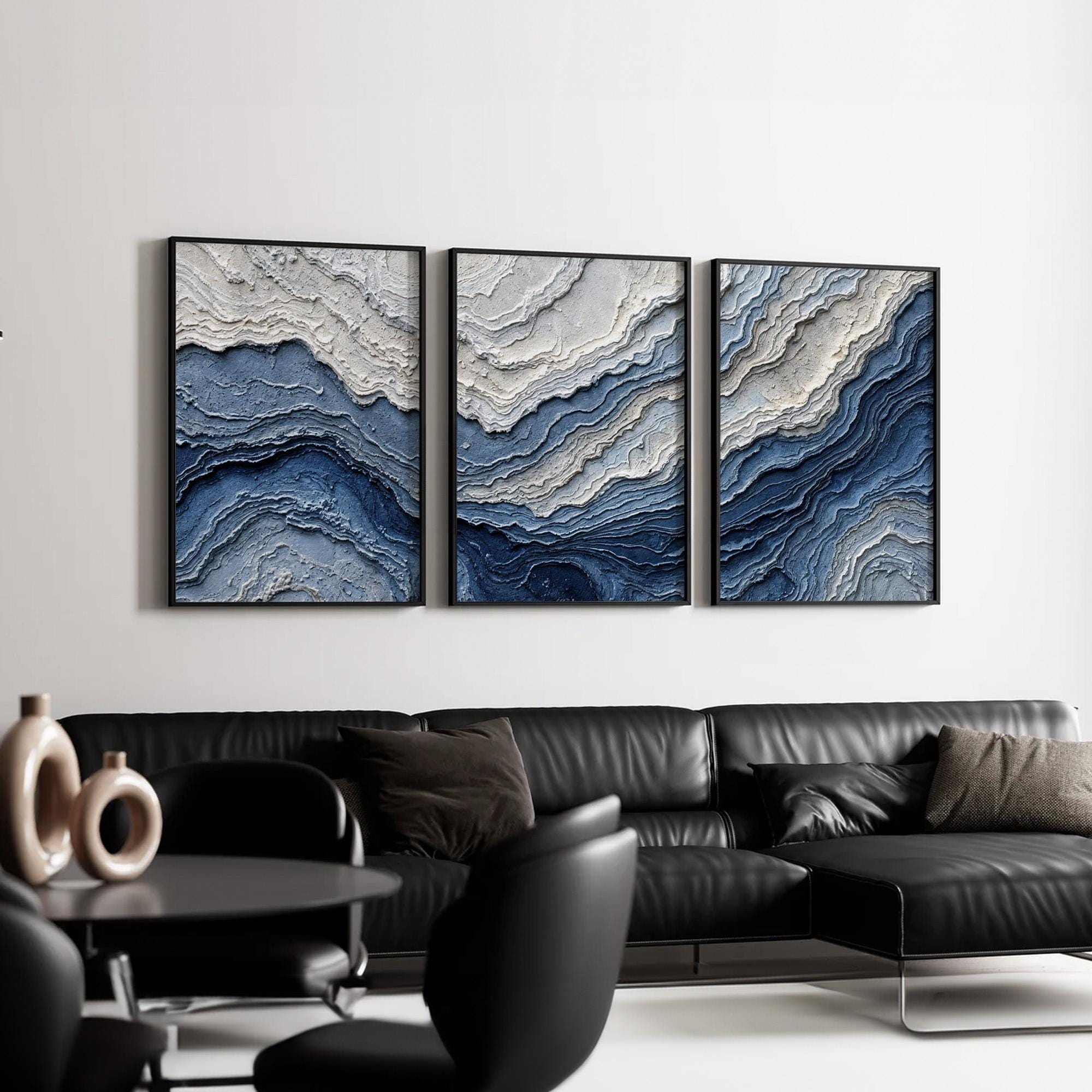 Abstract Blue Wave Wall Art Set of 3 | Ocean-inspired Geological Canvas ...