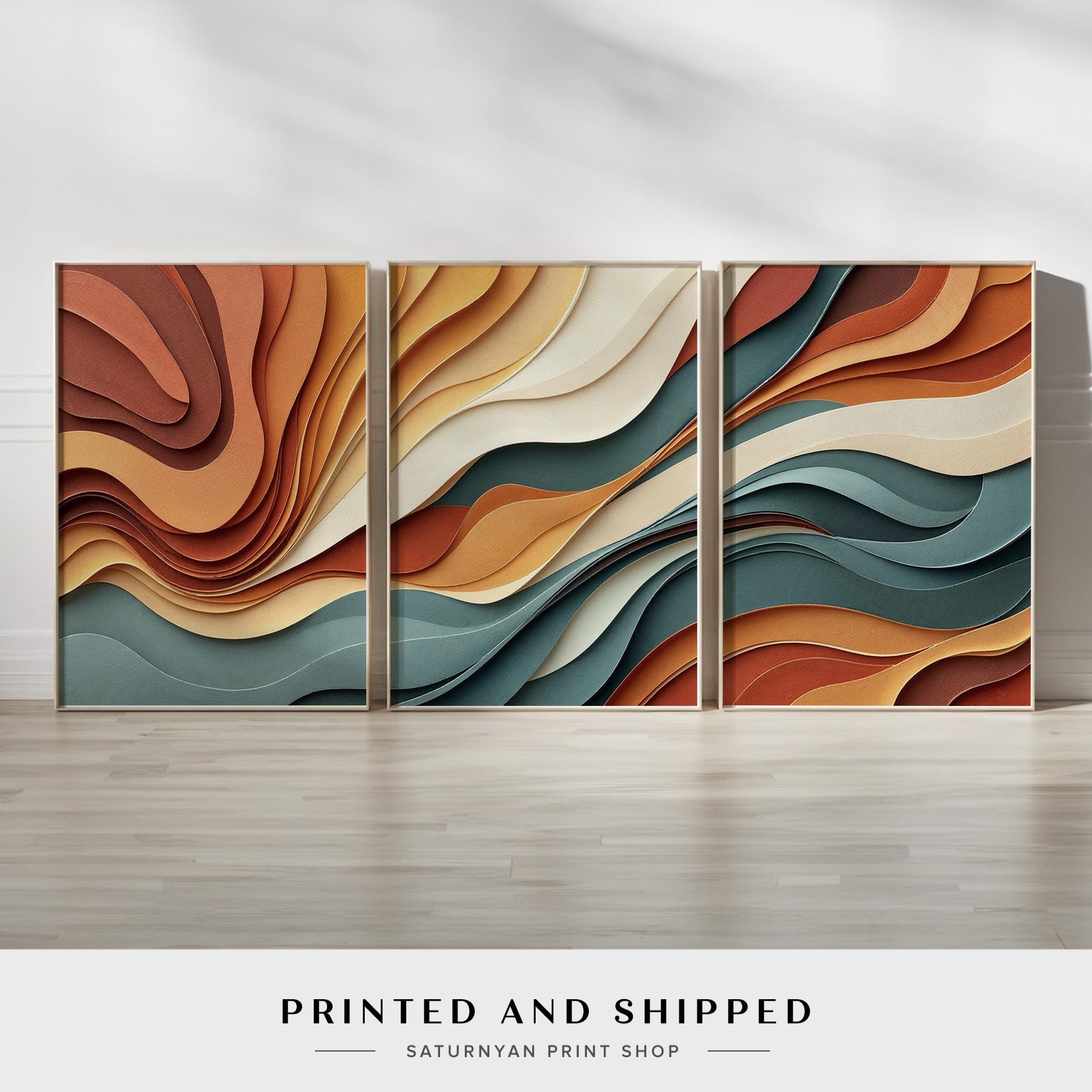 Abstract Earth-tone Layered Triptych Wall Art Set of 3 Wave Painting in ...