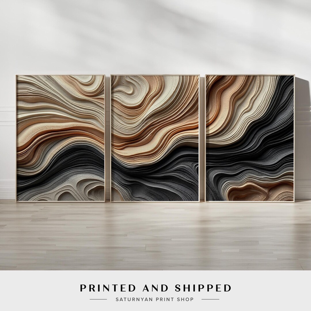 Abstract Sediments Wall Art Set of 3 | Neutral Wave Patterns in Beige ...