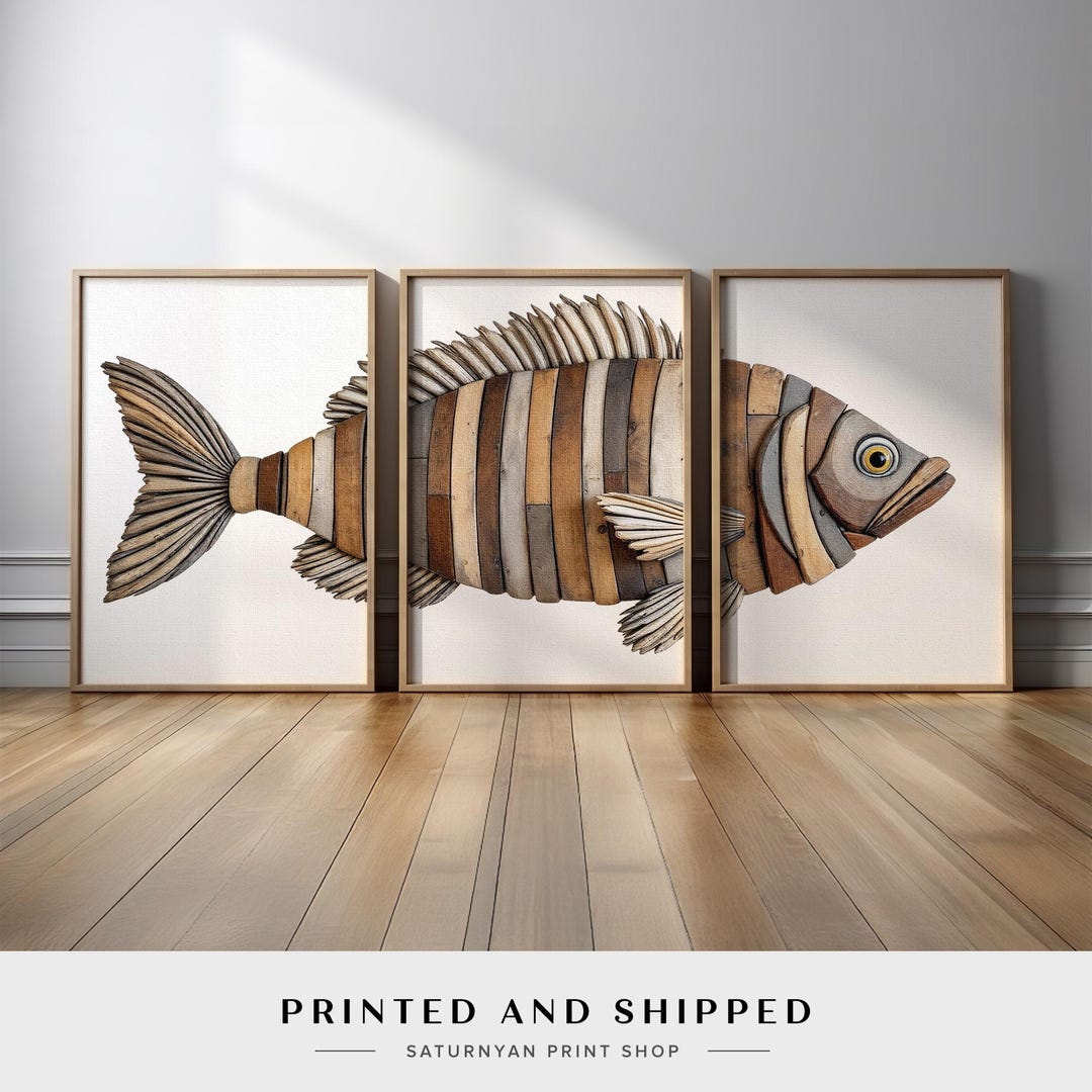 Beach House Fish Wall Art Set | Wooden Board Fish Artwork Triptych on ...
