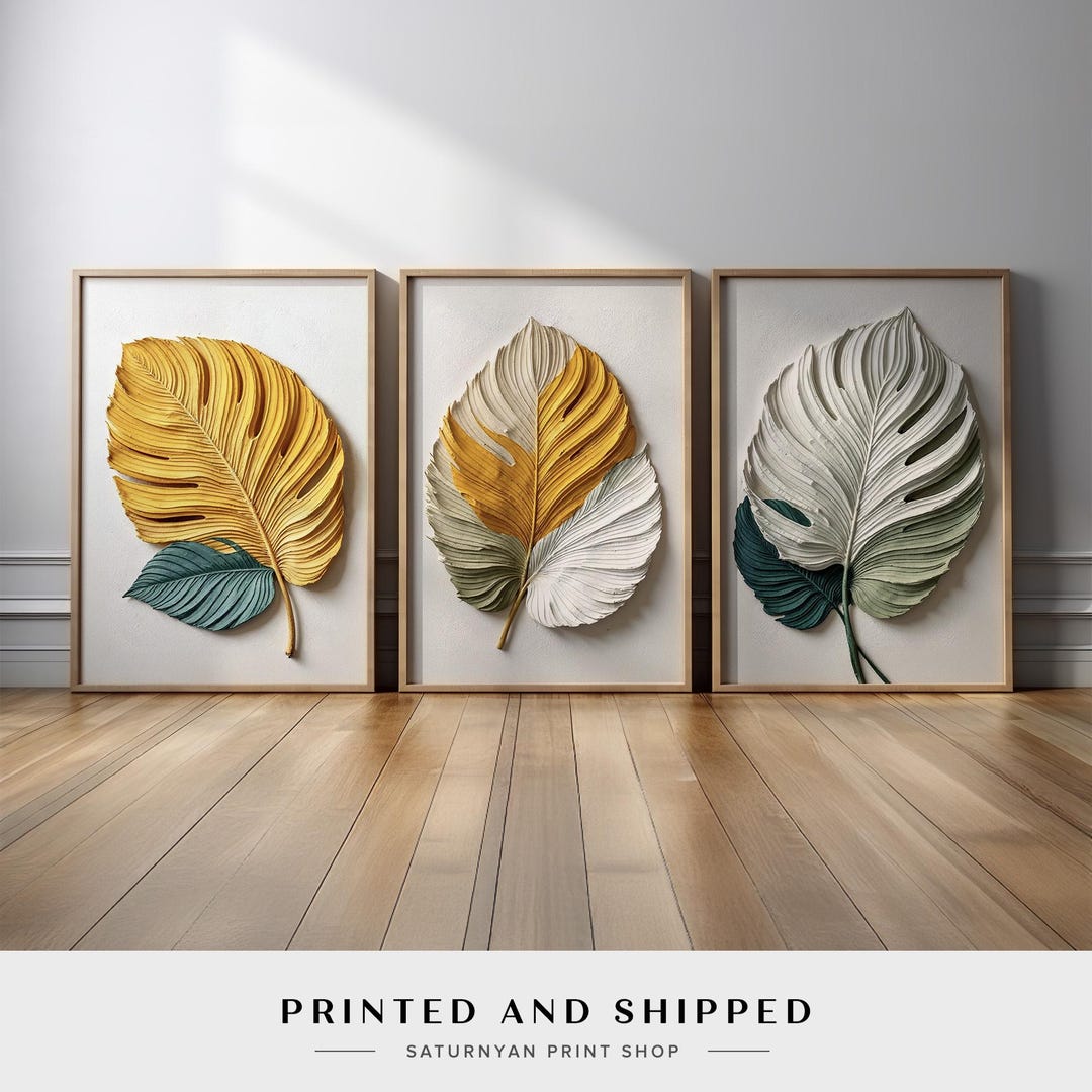 Botanical Leaf Wall Art Set, Minimalist Gold & Green Leaf Prints ...