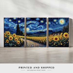 Van Gogh Inspired Starry Night and Sunflower Wall Art Set of 3 ...