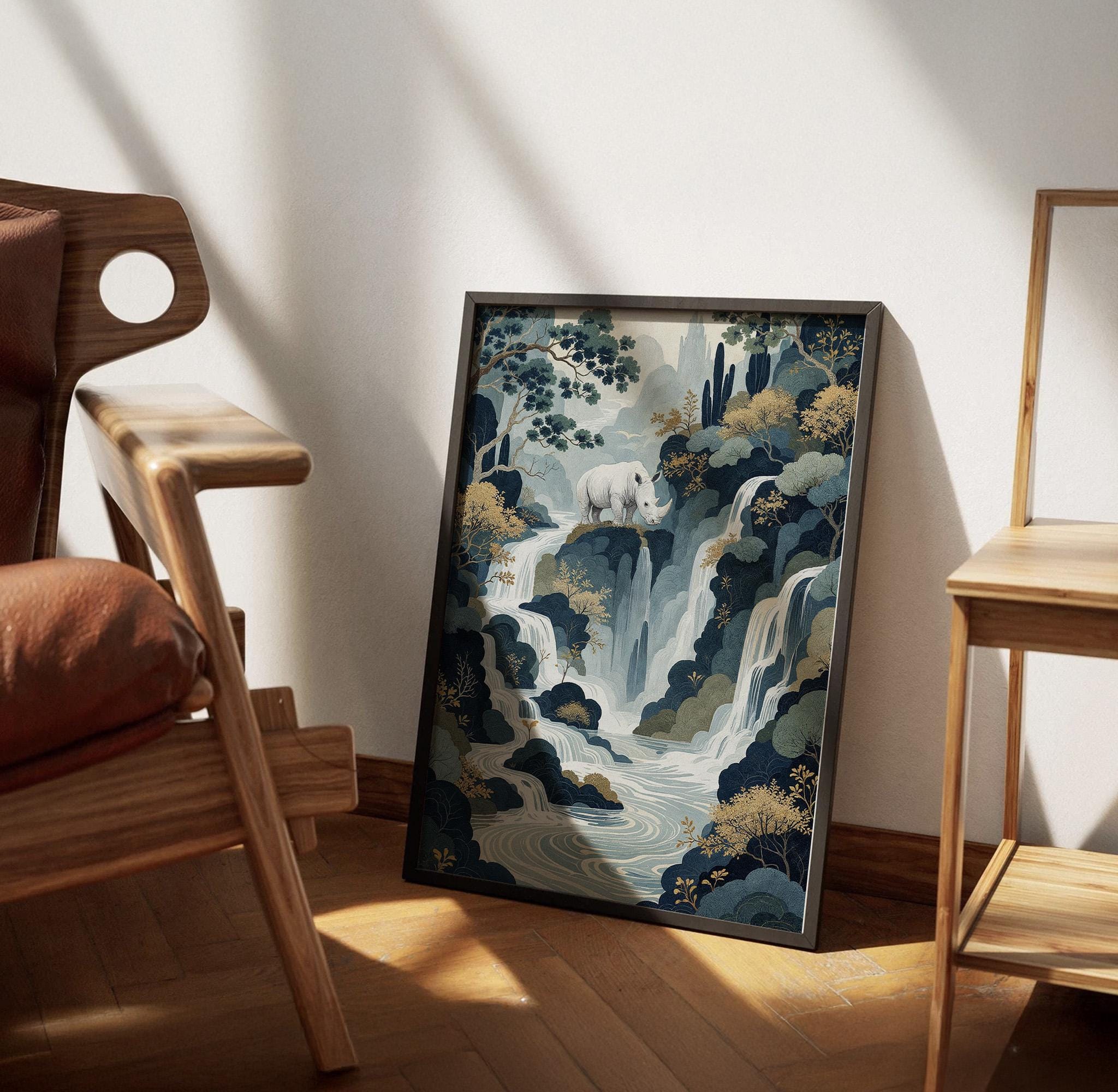 Jungle Safari Animal Wall Art Zebra, Rhino, and Giraffe Waterfall Scene ...