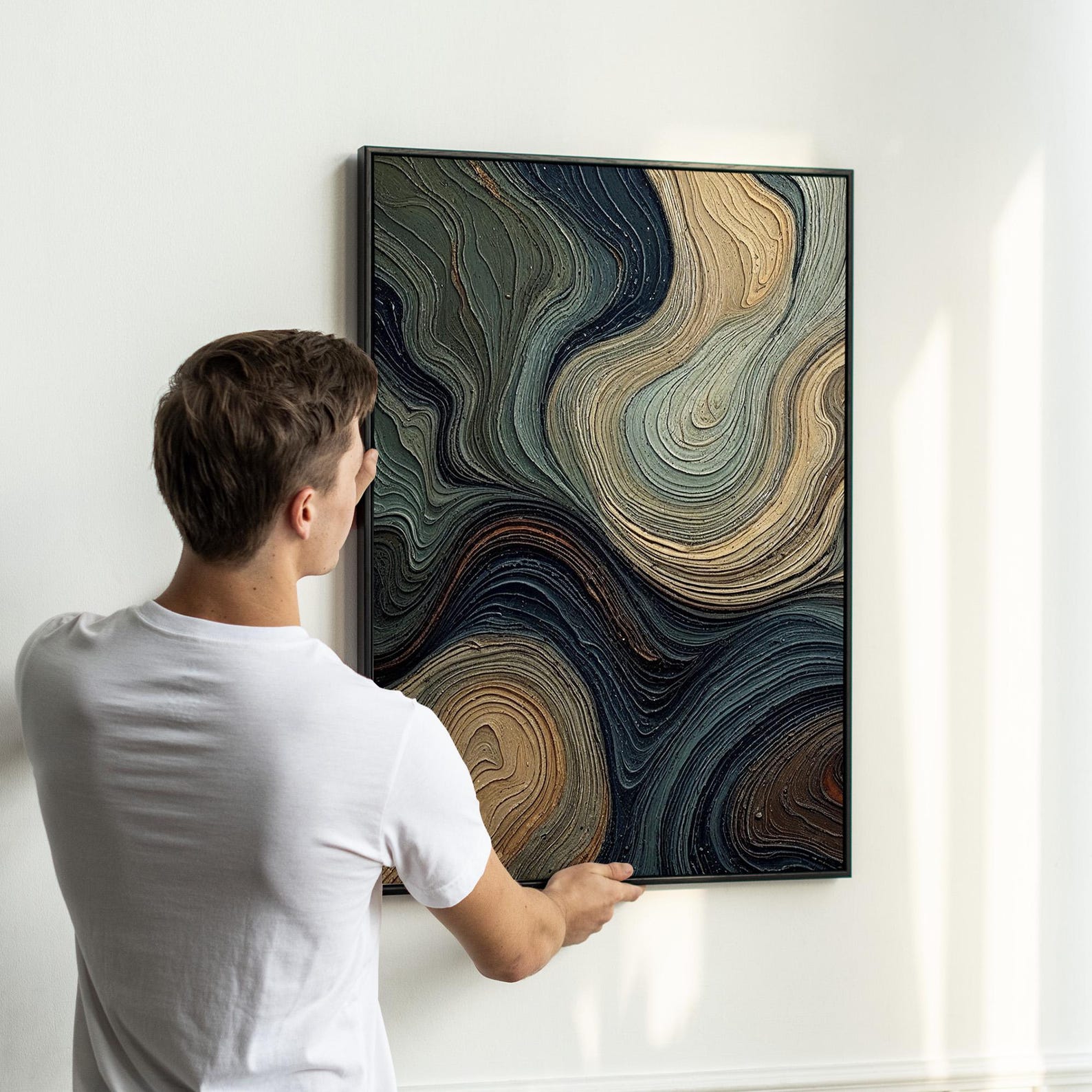 Topographic Swirl Abstract Wall Art Set of 3 | Green Beige Rust Canvas ...