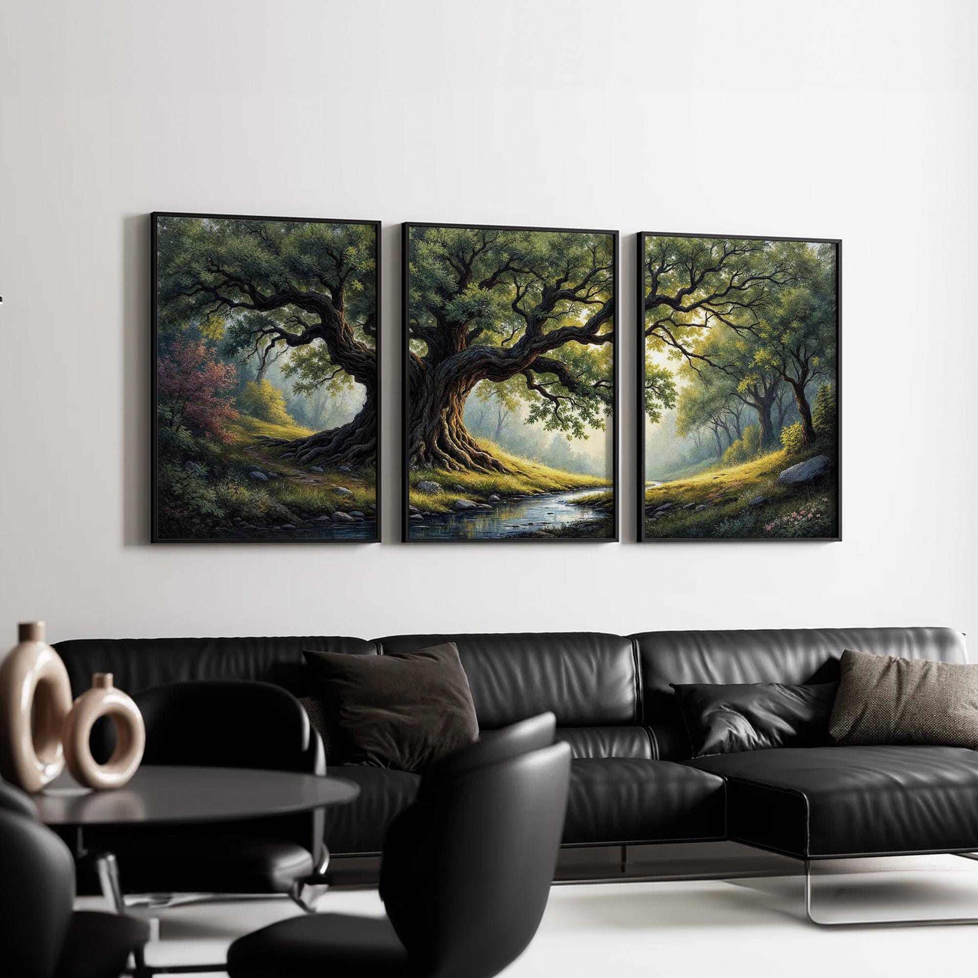 Majestic Oak Tree Wall Art Set of 3 | Sunlit Forest Stream Canvas ...