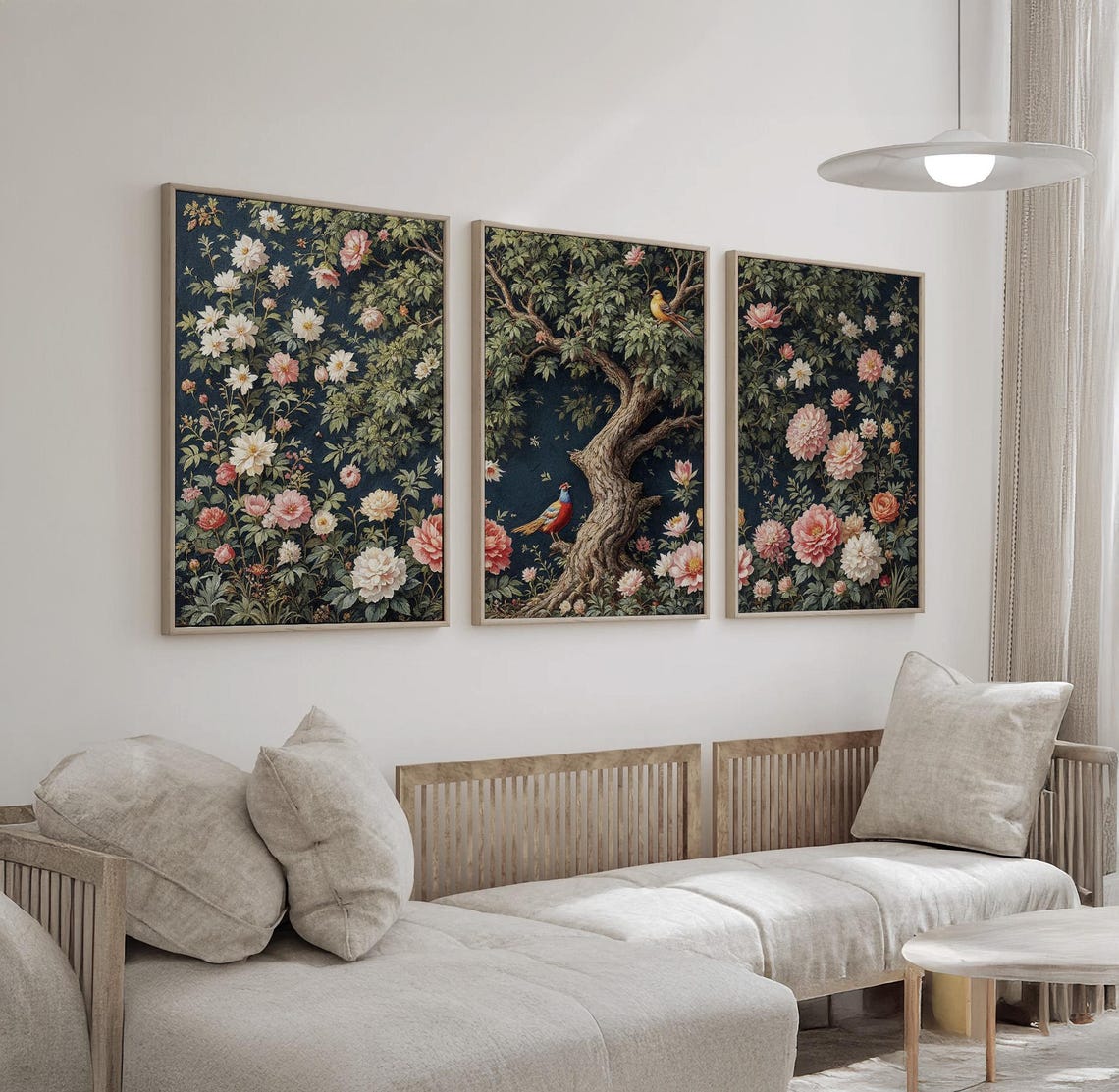 Elegant Vintage Tree and Floral Triptych With Colorful Birds | Dark ...