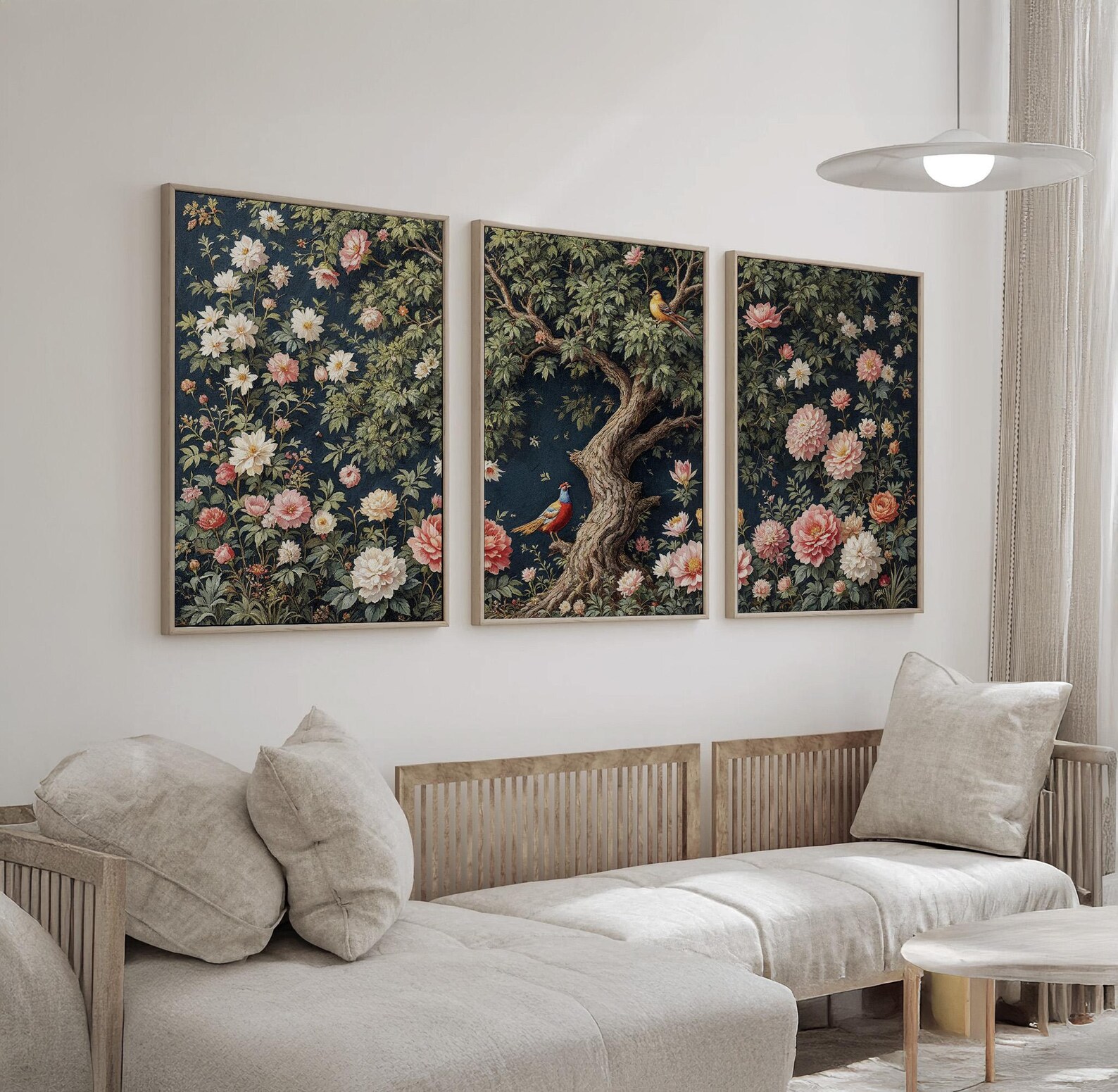 Elegant Vintage Tree and Floral Triptych With Colorful Birds | Dark ...