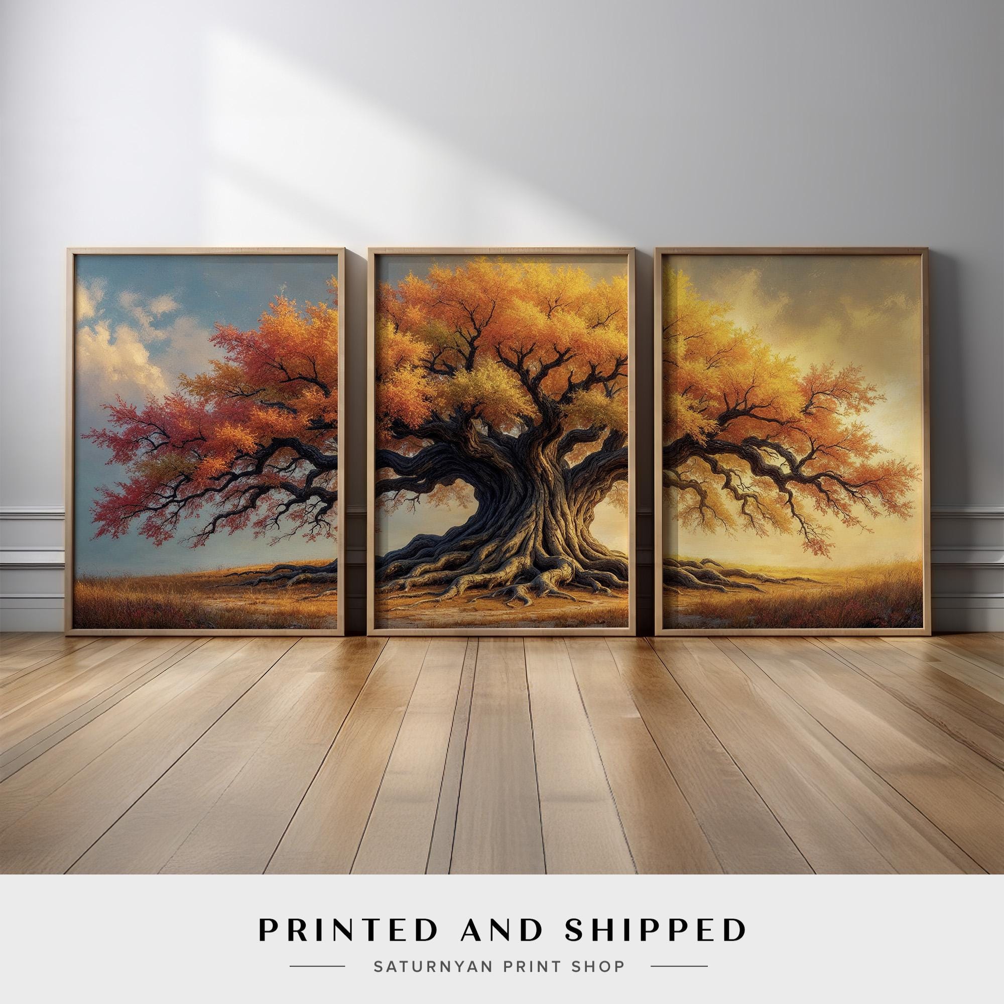 Rustic Autumn Tree Wall Art Triptych | Golden and Orange Foliage Canvas ...