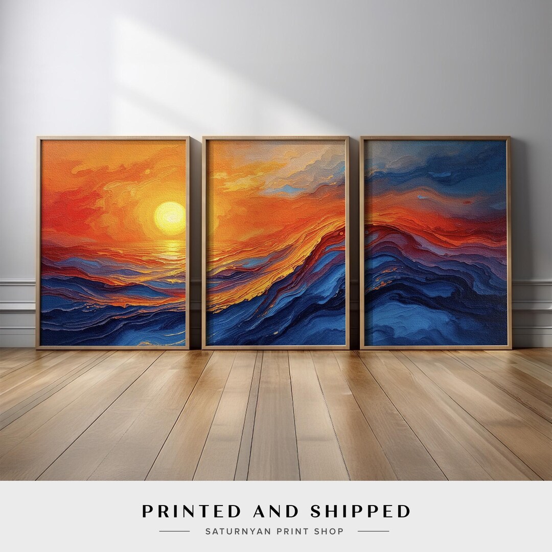 Sunset Ocean Wave Wall Art Set of 3 | Bold Abstract Triptych With Fiery ...